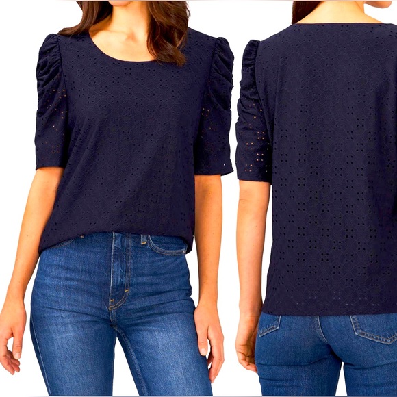 CeCe | Tops | Cece Navy Blue Eyelet Puff Short Sleeve Blouse | Poshmark